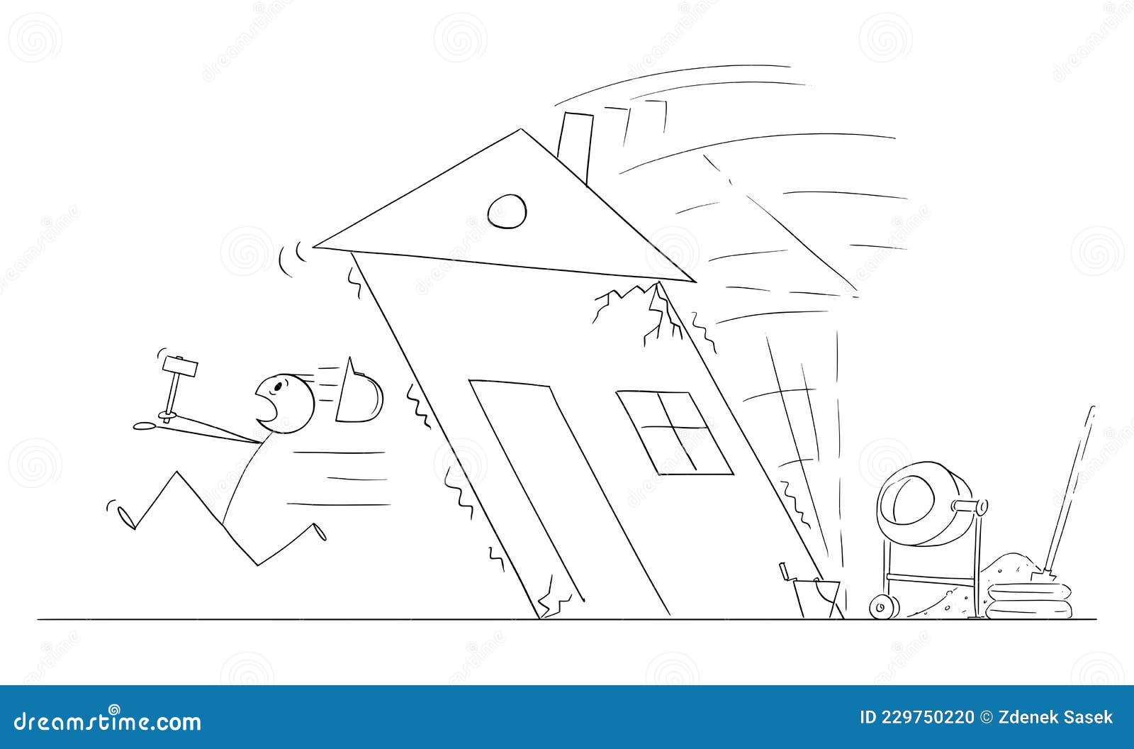Construction Worker or Builder Running from Collapsing House, Vector ...