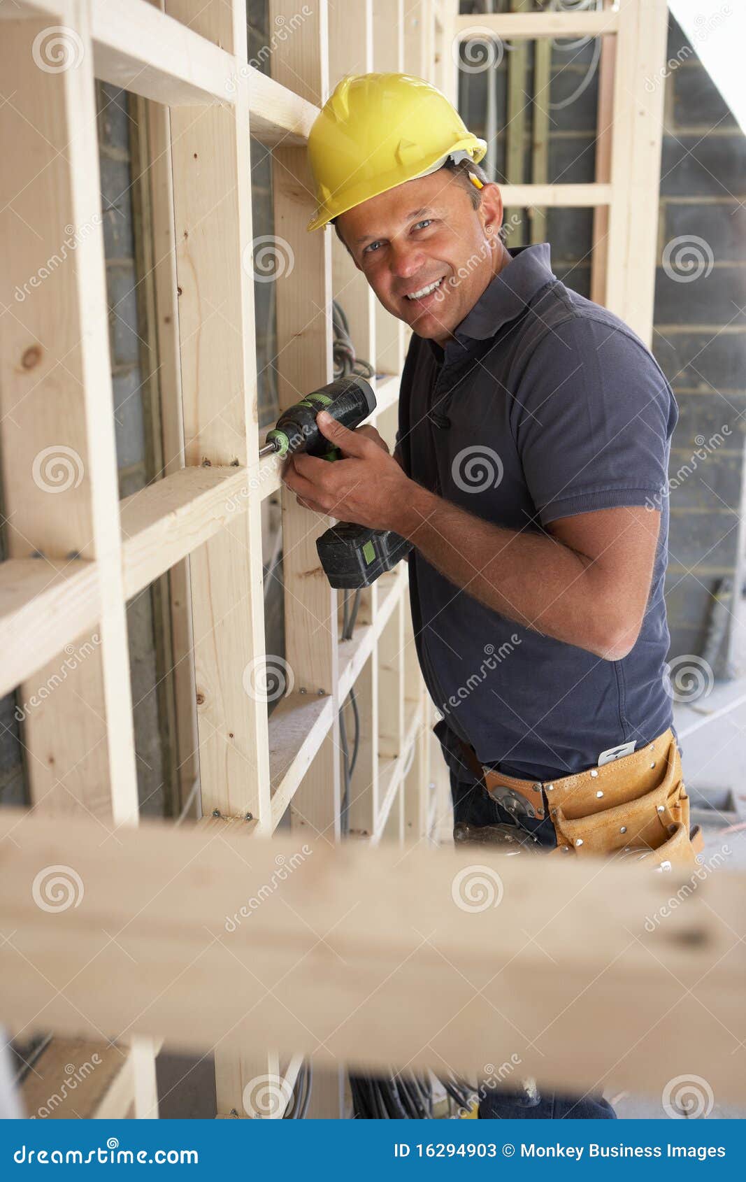 Construction Worker Building Timber Frame Stock Image - Image of ...
