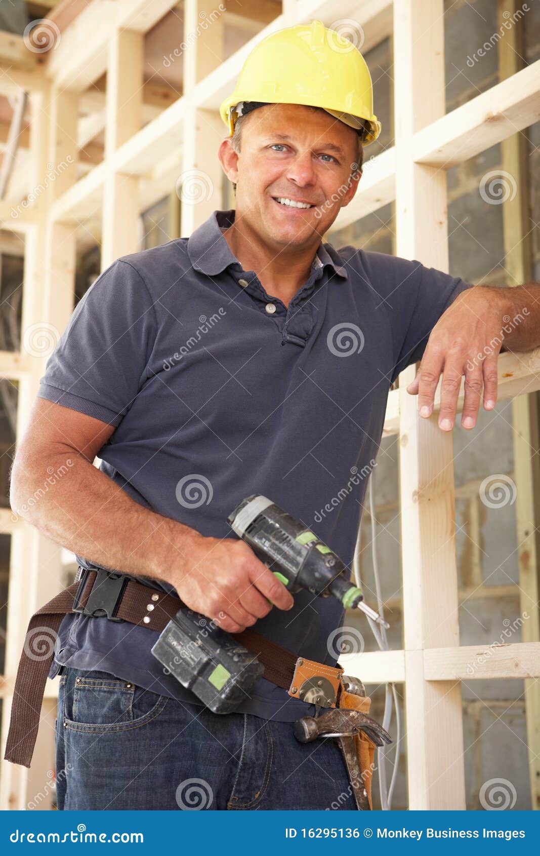 Construction Worker Building Timber Frame Stock Photo - Image of male ...