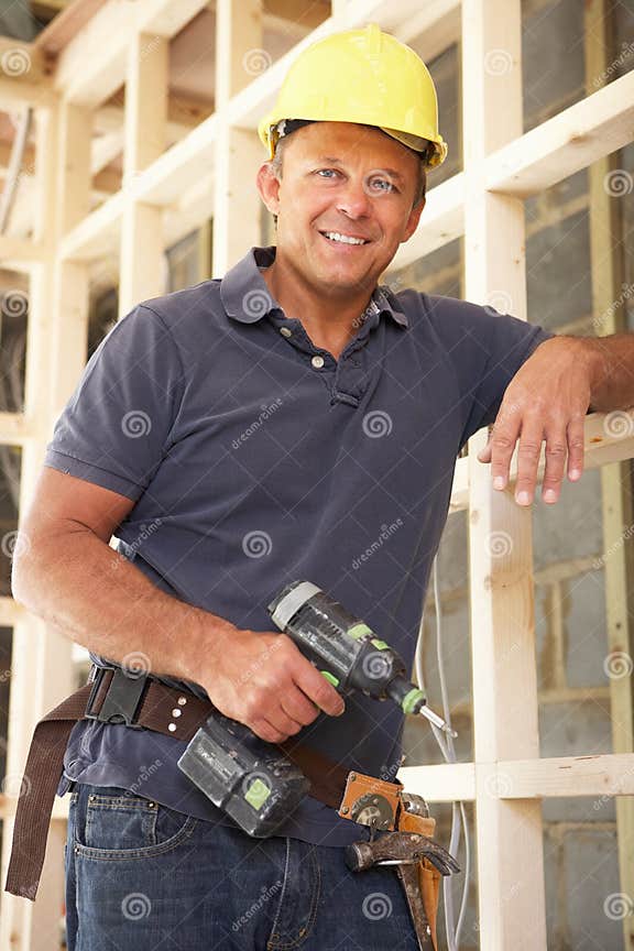 Construction Worker Building Timber Frame Stock Photo - Image of male ...