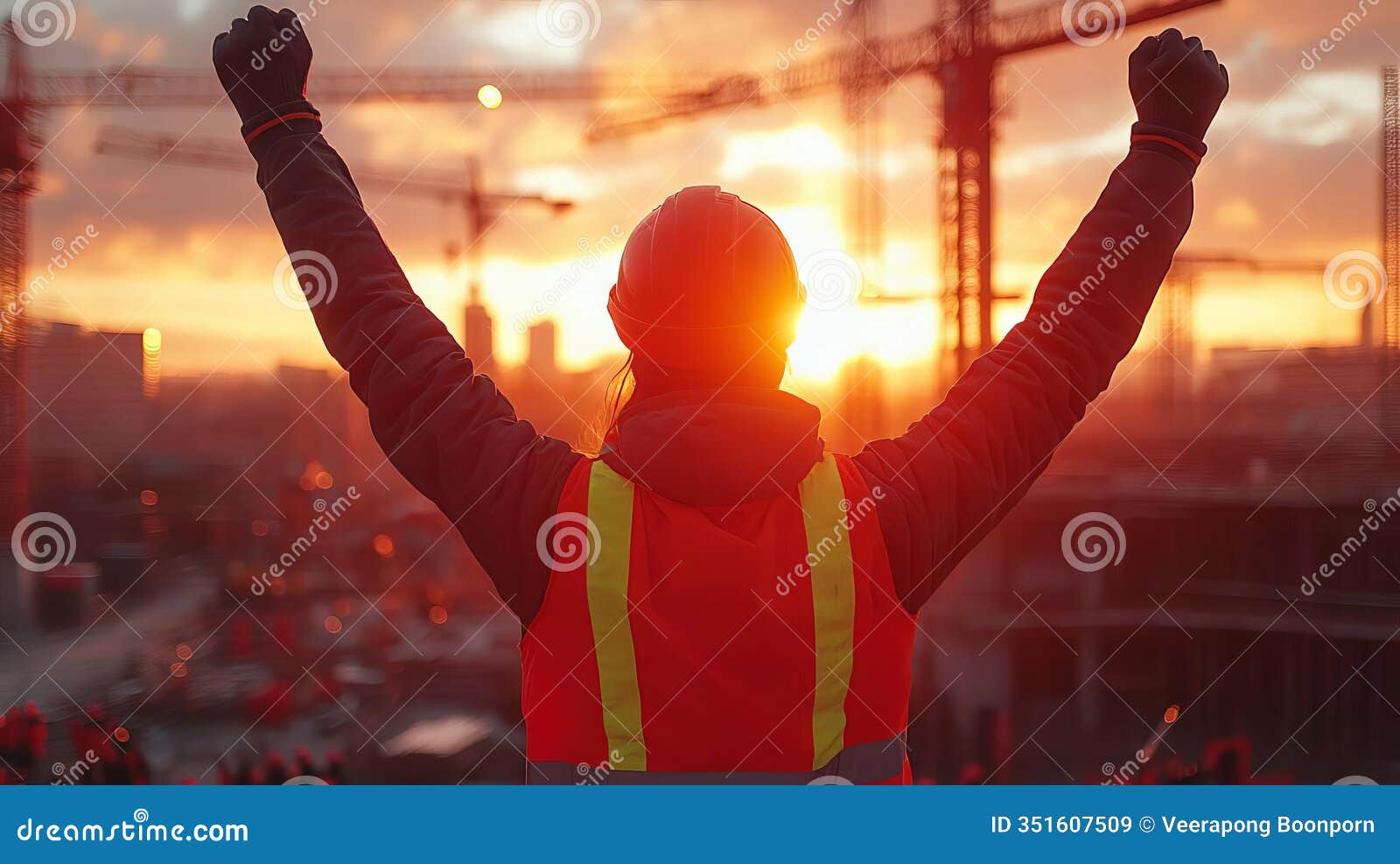 A Construction Worker Celebrates a Successful Day at Sunset with Raised ...