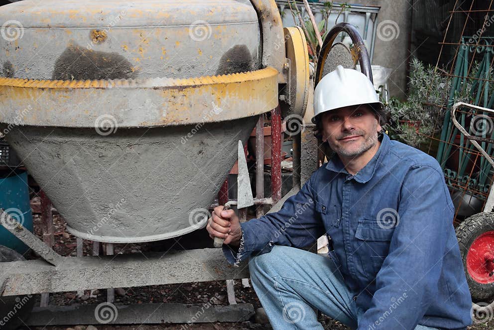 Construction Worker with Cement Mixer Stock Image - Image of aged, hard ...
