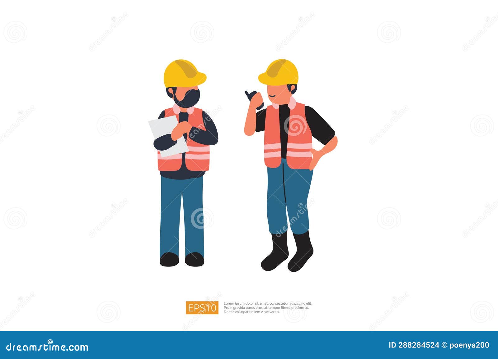 Construction Worker Character Checking Plan and Looking at Construction Site. Vector ...