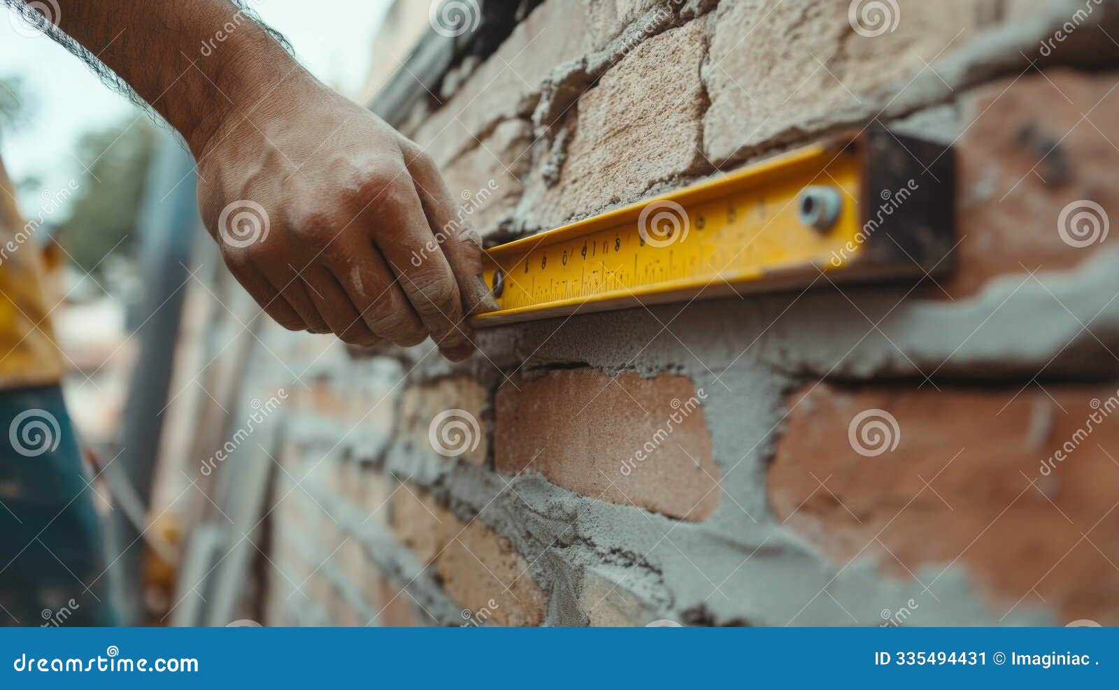 Construction Worker Checking Level of Brick Wall with Level Stock ...