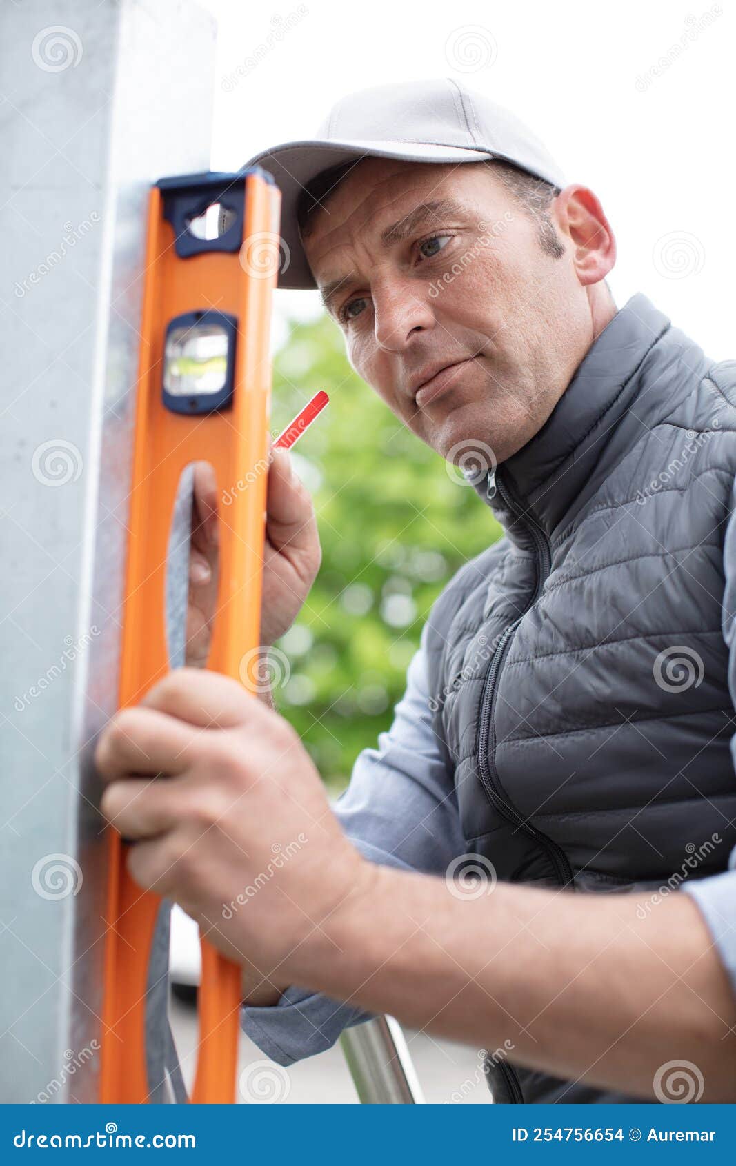 Construction Worker Checking Level Outdoors Stock Photo - Image of hand ...