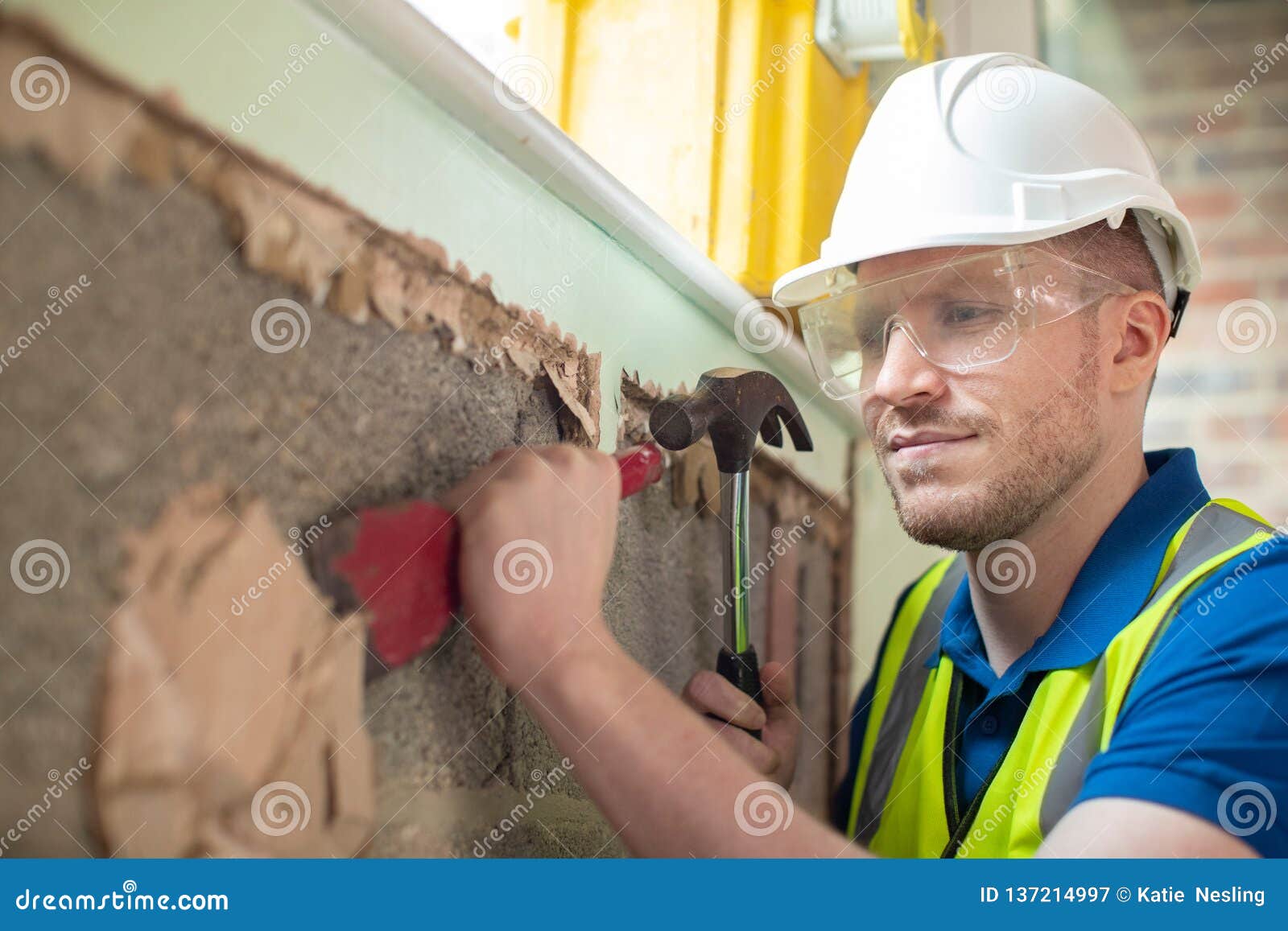 Worker With Chisel And Hammer Check Concrete Base Stock Photography ...