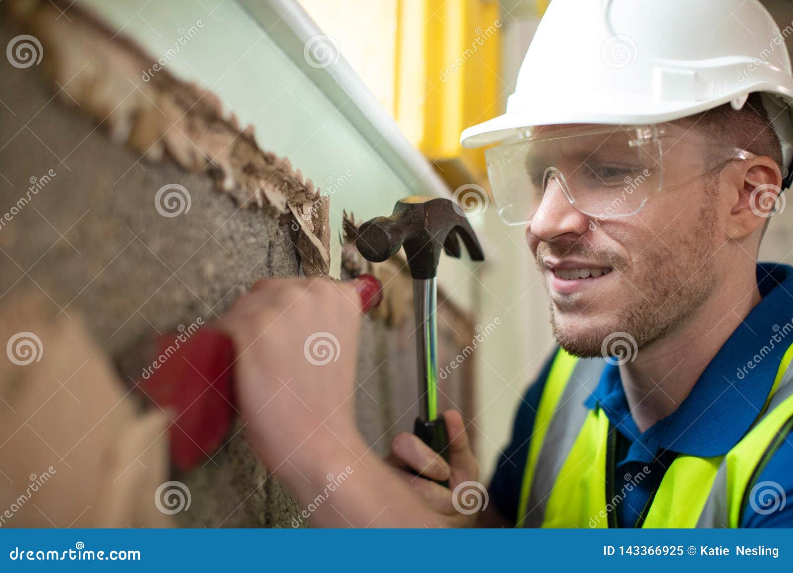 Worker With Chisel And Hammer Check Concrete Base Stock Photography ...