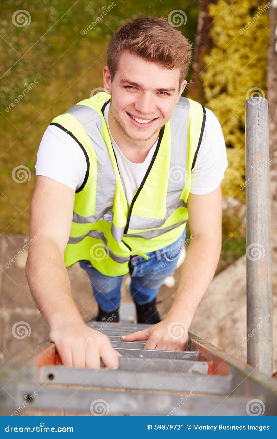 Construction Worker Climbing Ladder on Building Site Stock Image ...