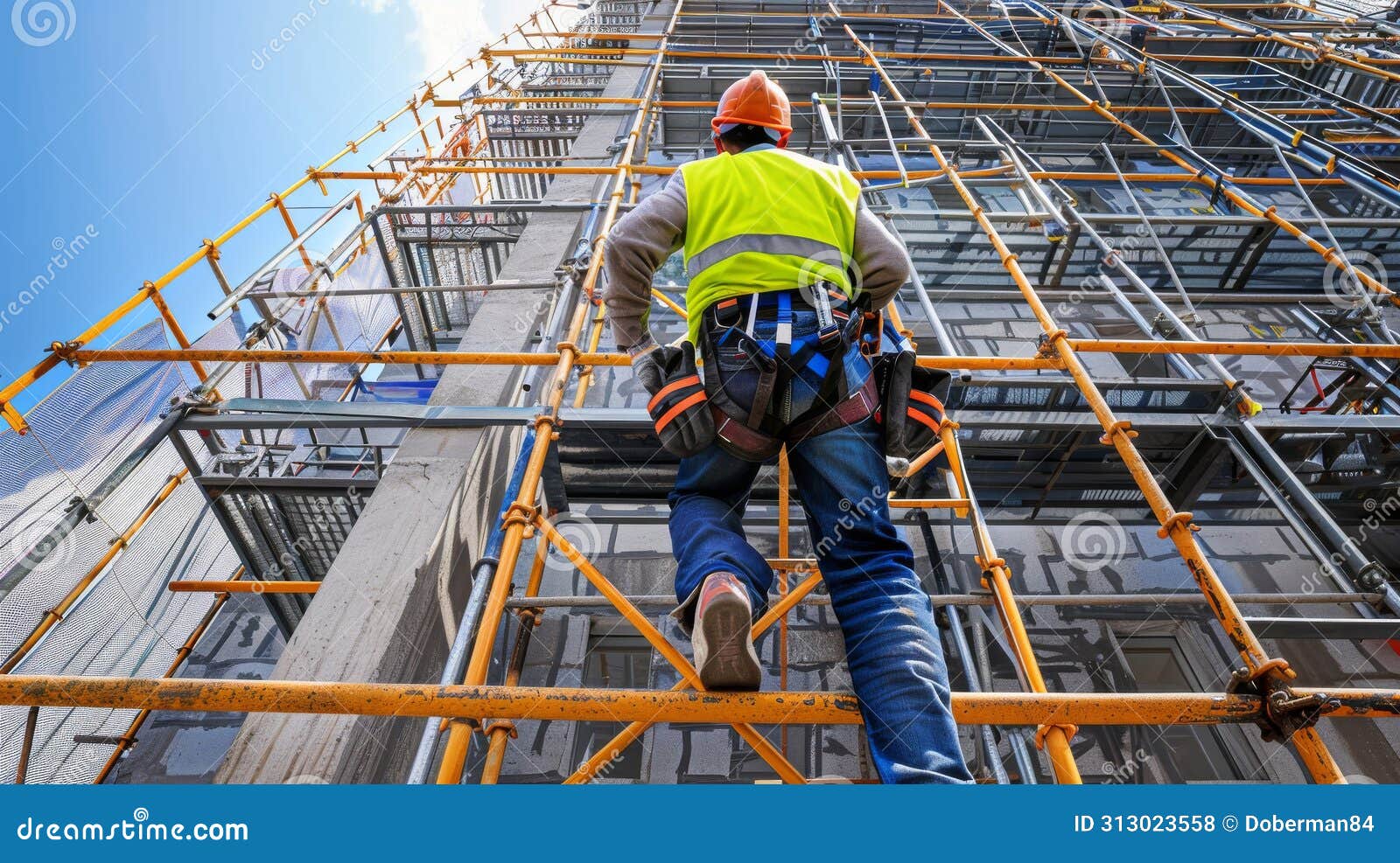 Construction Worker Climbing a Scaffold on a Bright Day Stock ...