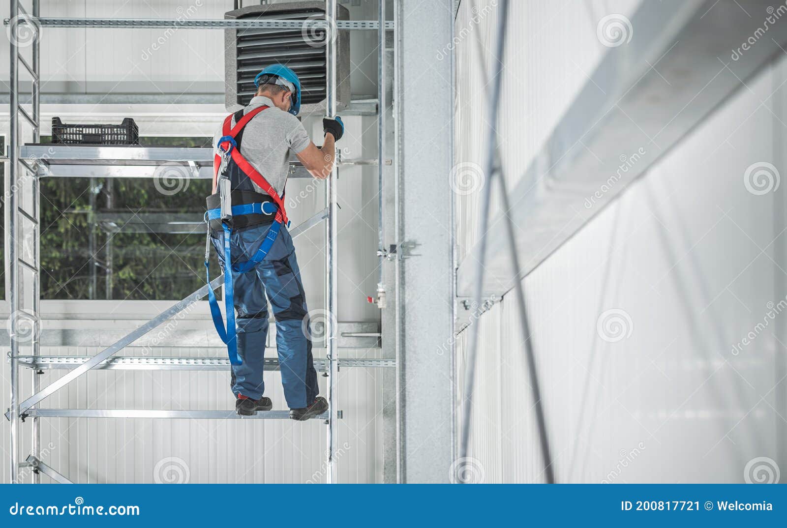 Construction Worker Climbing on Scaffolding Structure Stock Image ...