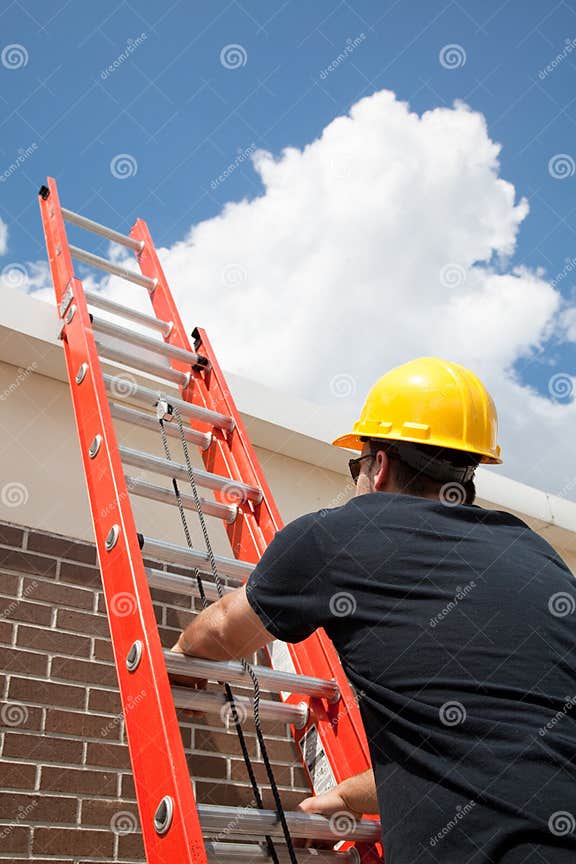 Construction Worker Climbs Ladder Stock Photo - Image of equipment ...