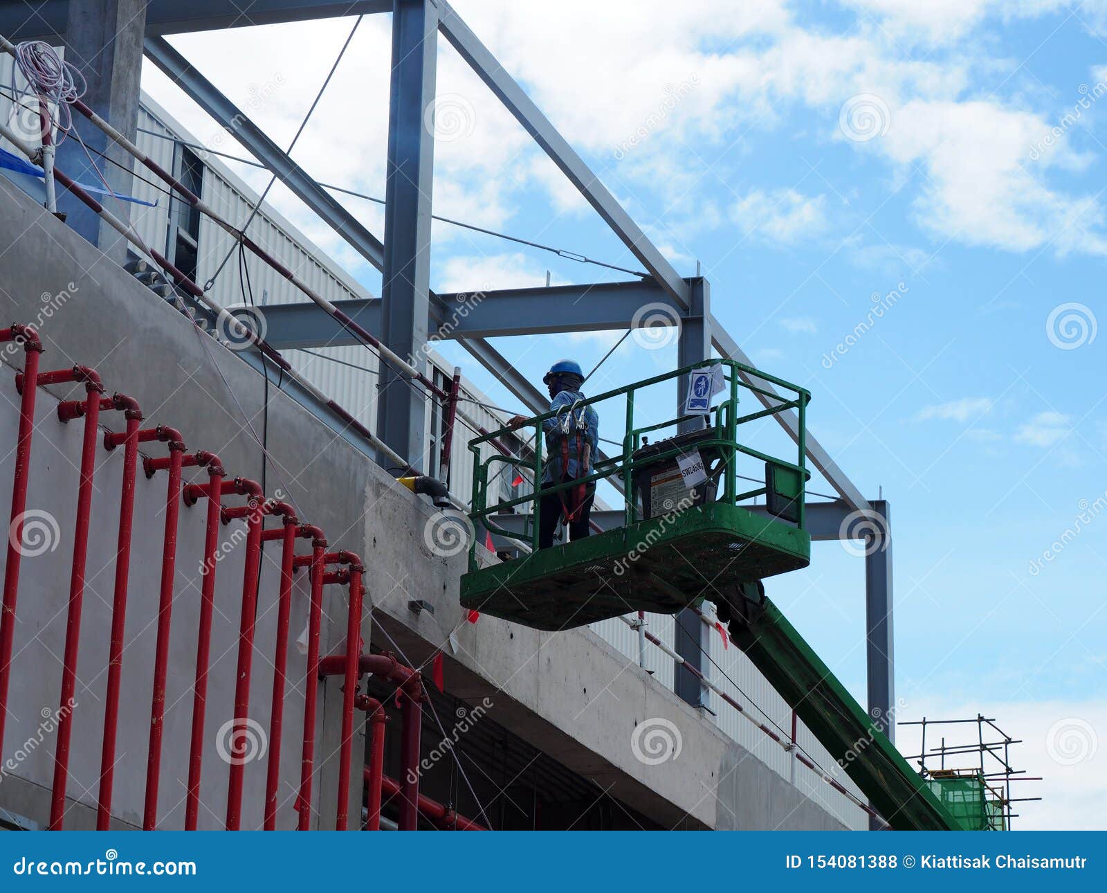 Construction Worker Using Lifting Boom Stock Photo - Image of pole ...