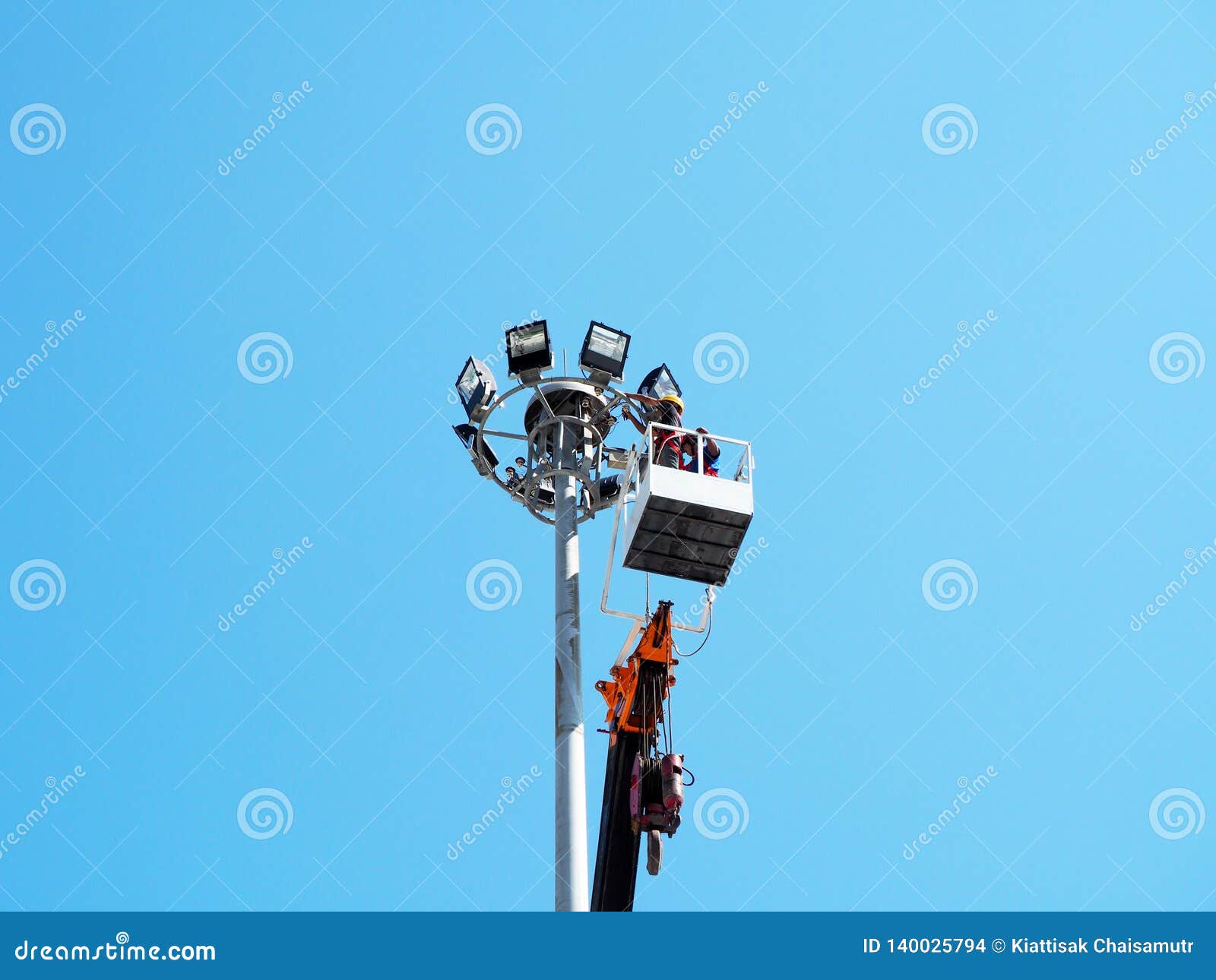 Construction Worker Using Lifting Boom Machinery Stock Photo - Image of ...