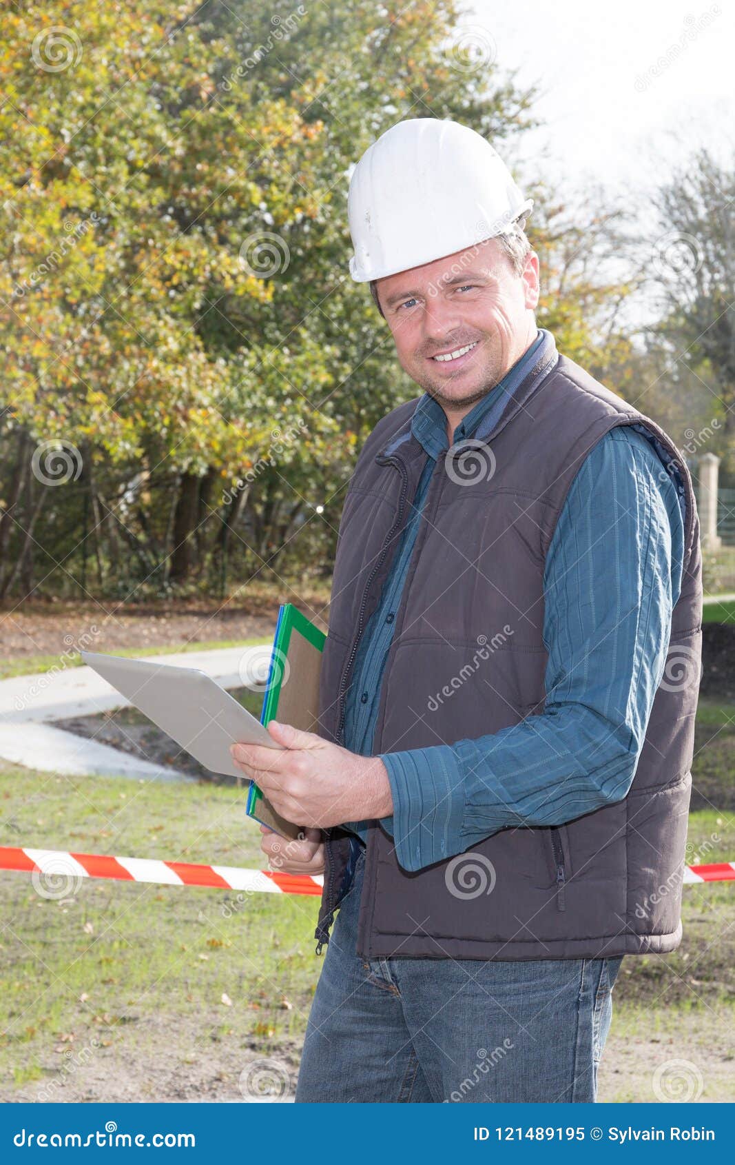 Construction Worker Contractor Man Using Tablet Laptop Computer Stock ...