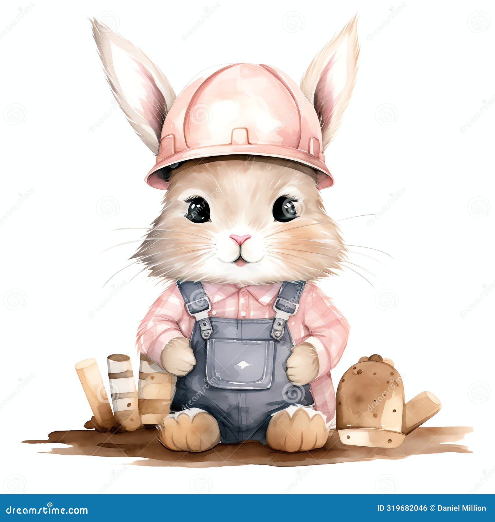 Construction Worker Cute Bunny with Hard Hat Pink Cute Bunny Watercolor ...