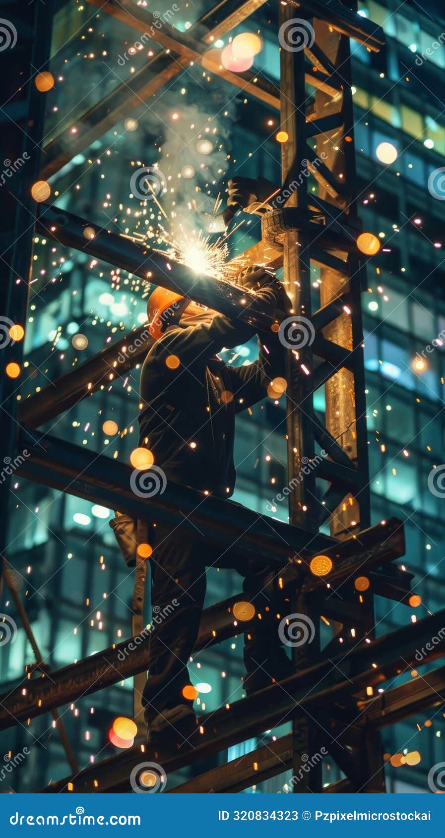 Construction Worker Cutting Metal Beams with a Torch on a Skyscraper ...