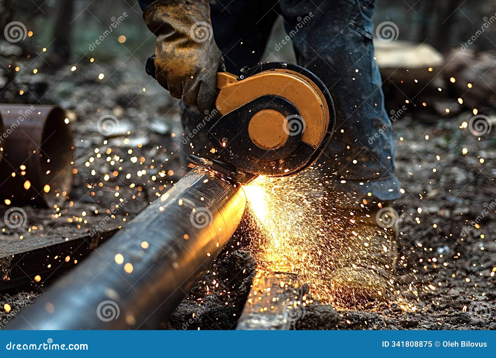 Construction Worker Cutting Metal Pipe with Sparks Flying Stock Image ...