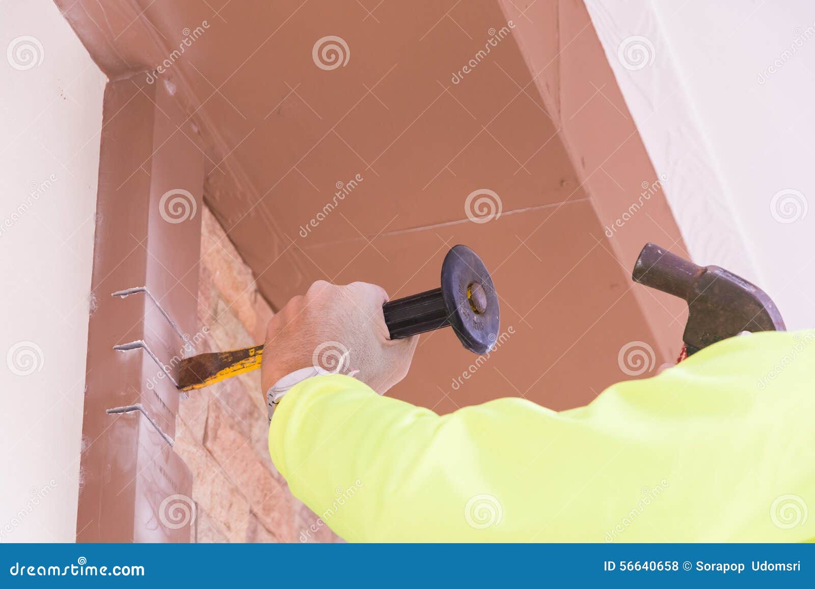Construction Worker Demolishing Old Brick Stock Photo - Image of ...