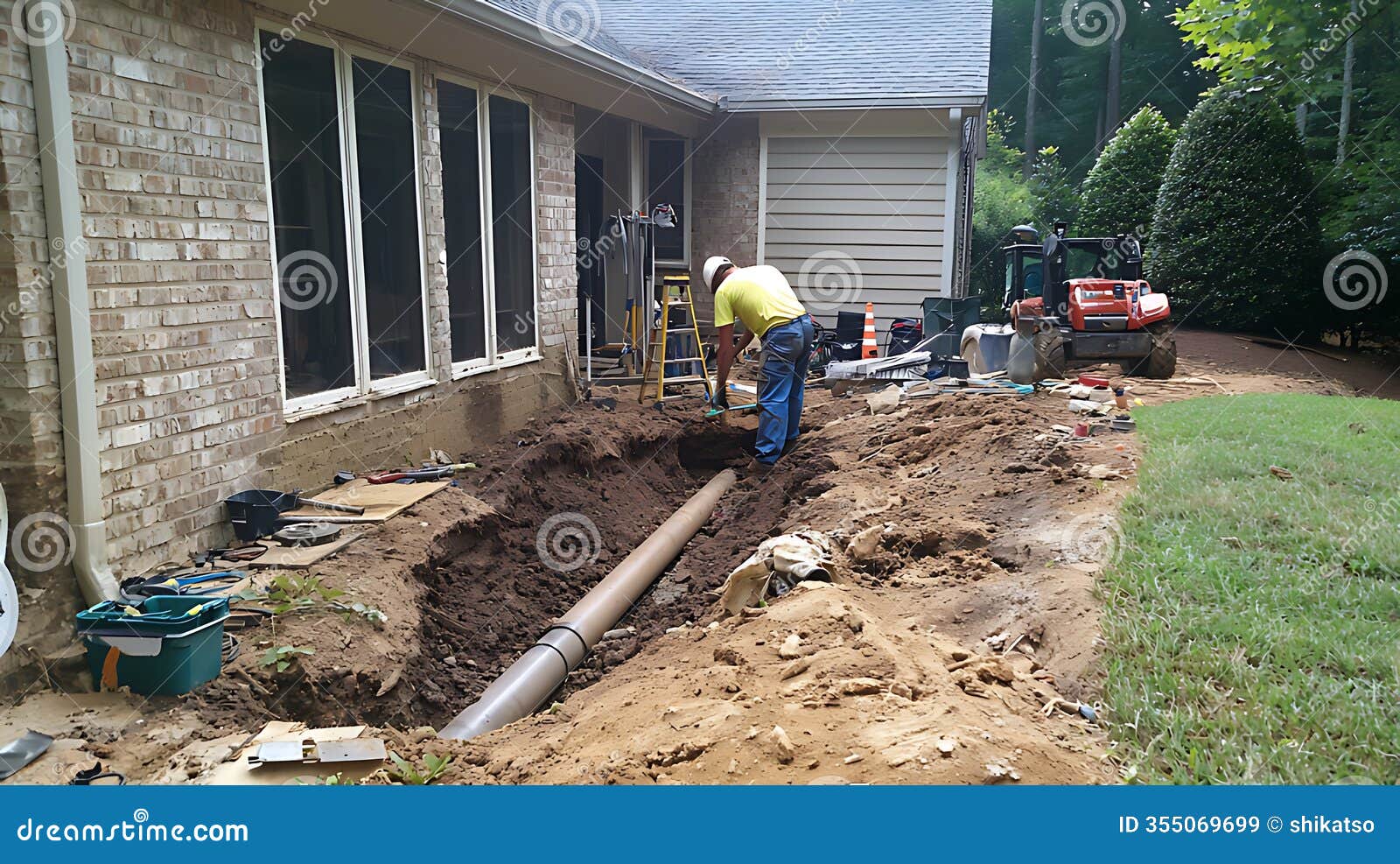 Construction Worker Digging a Trench for a Pipe Outside a House Stock ...