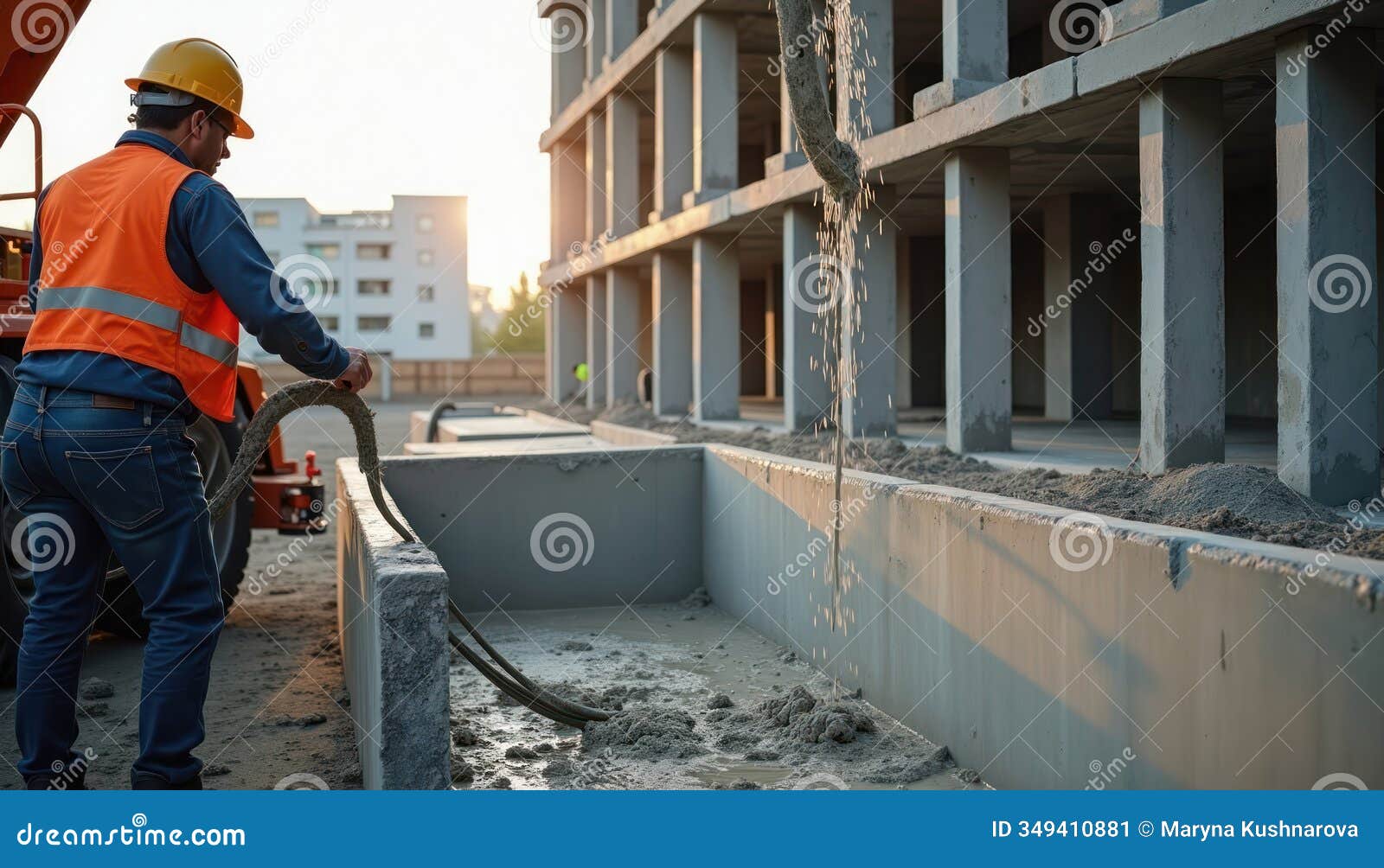 Construction Worker Directs Concrete Flow into Formwork for High-rise ...