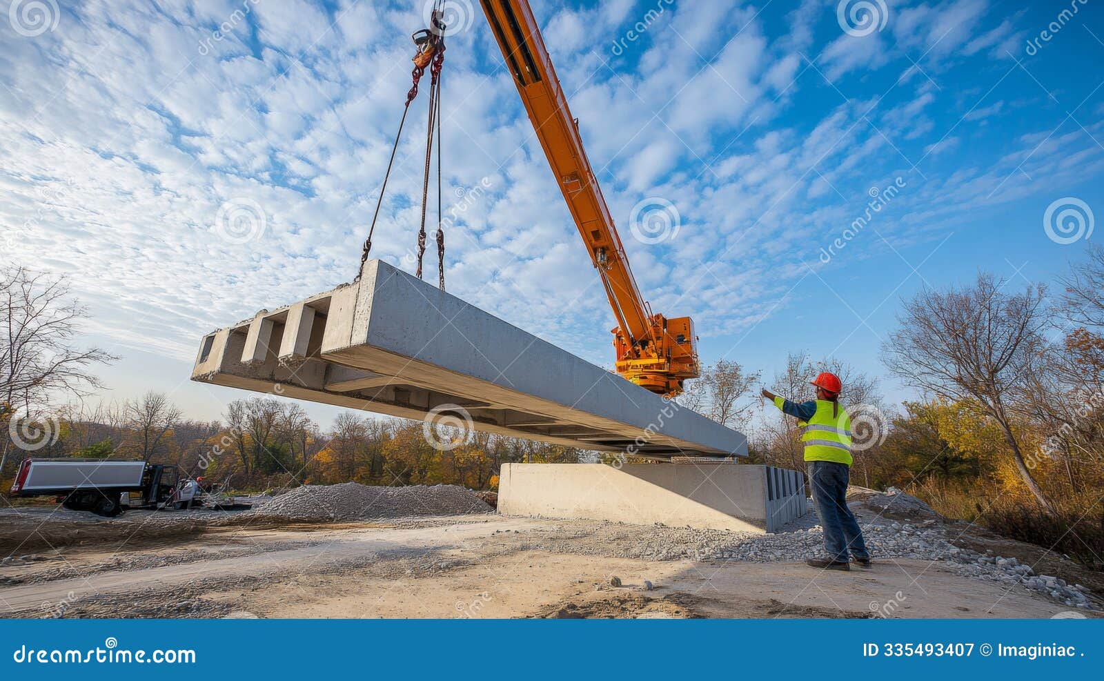Construction Worker Directs Crane Lifting Concrete Beam for Bridge ...