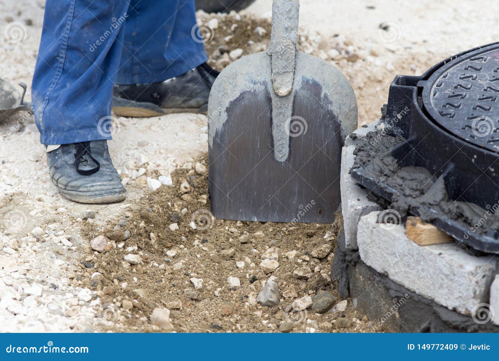 Construction Worker Doing Manhole Installation Stock Image - Image of ...