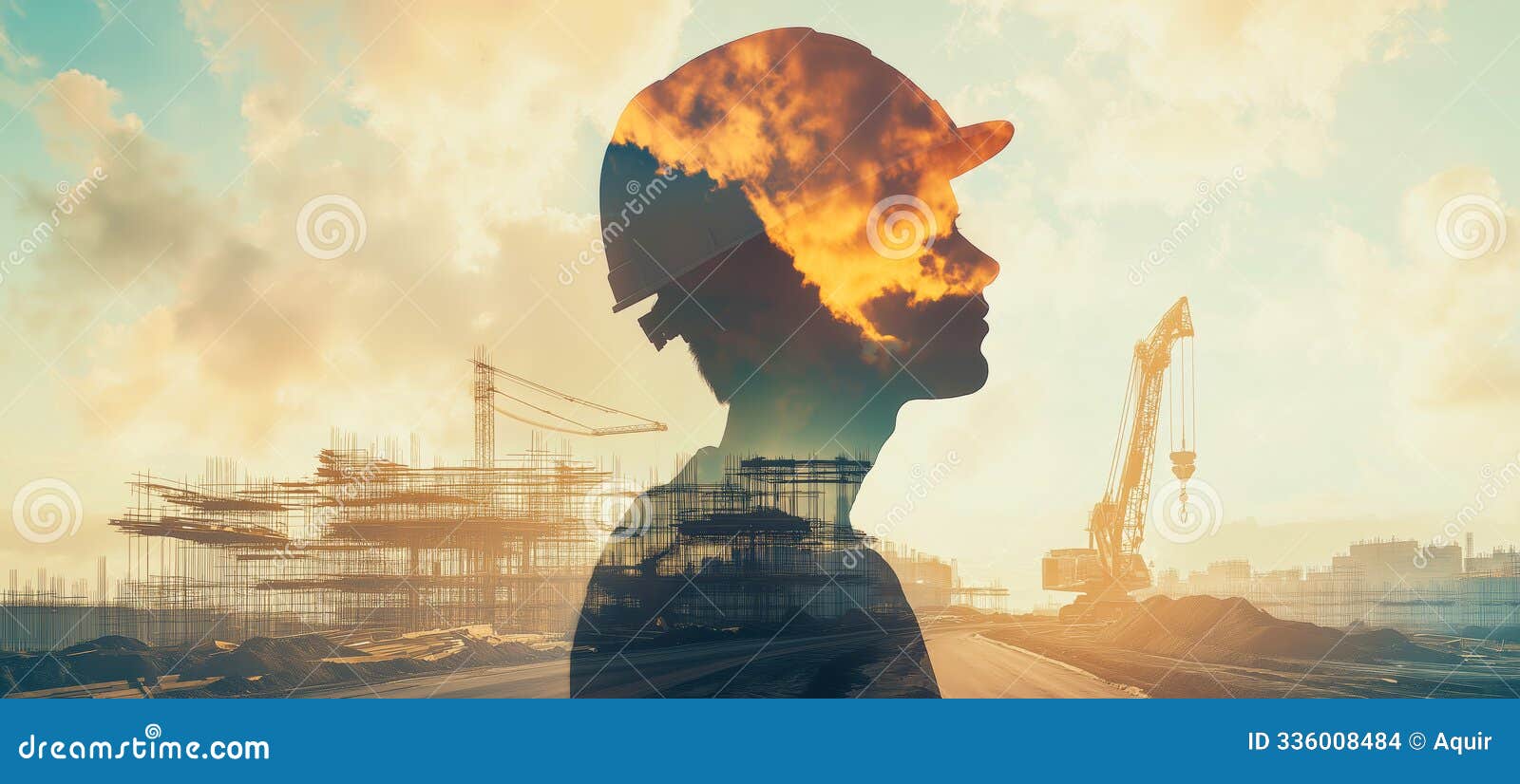 Construction Worker Double Exposure. Building Engineer or Architect ...