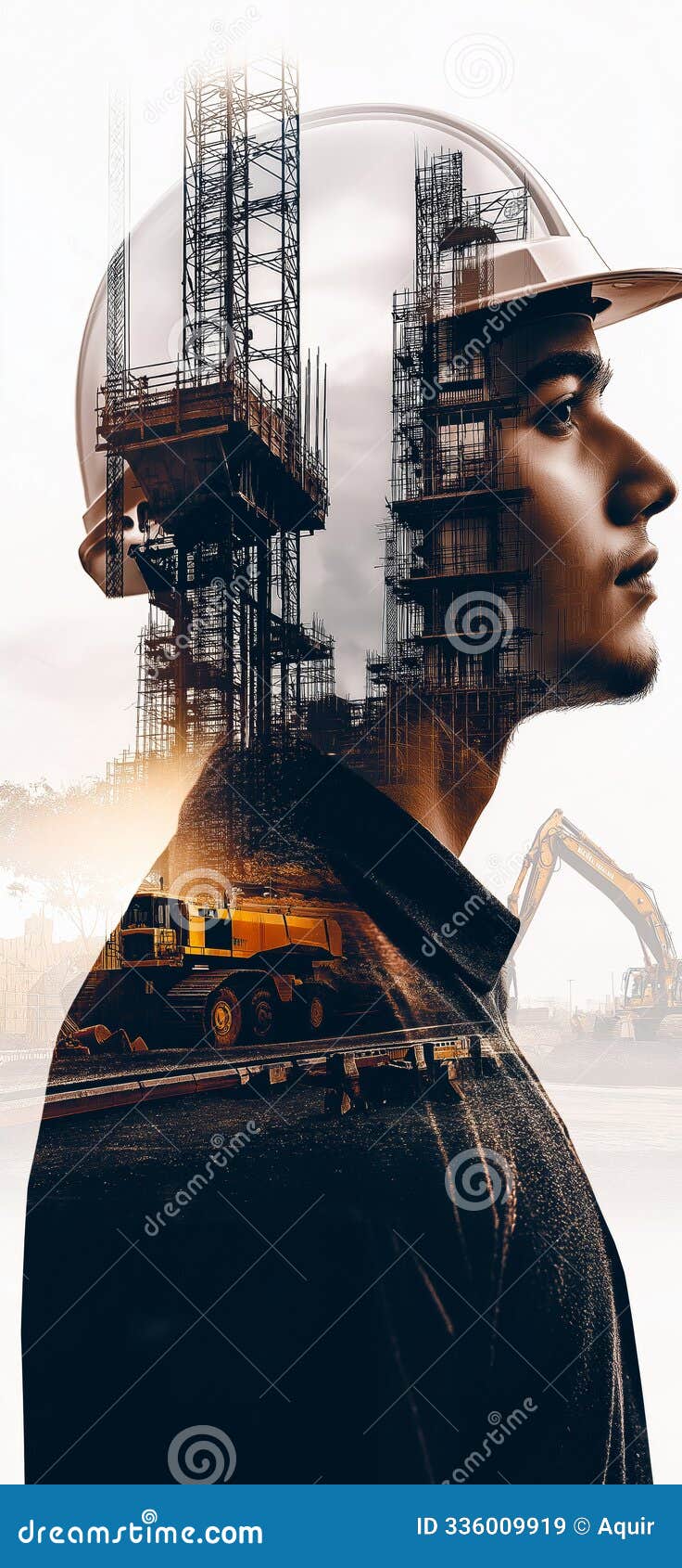 Construction Worker Double Exposure. Building Engineer or Architect ...