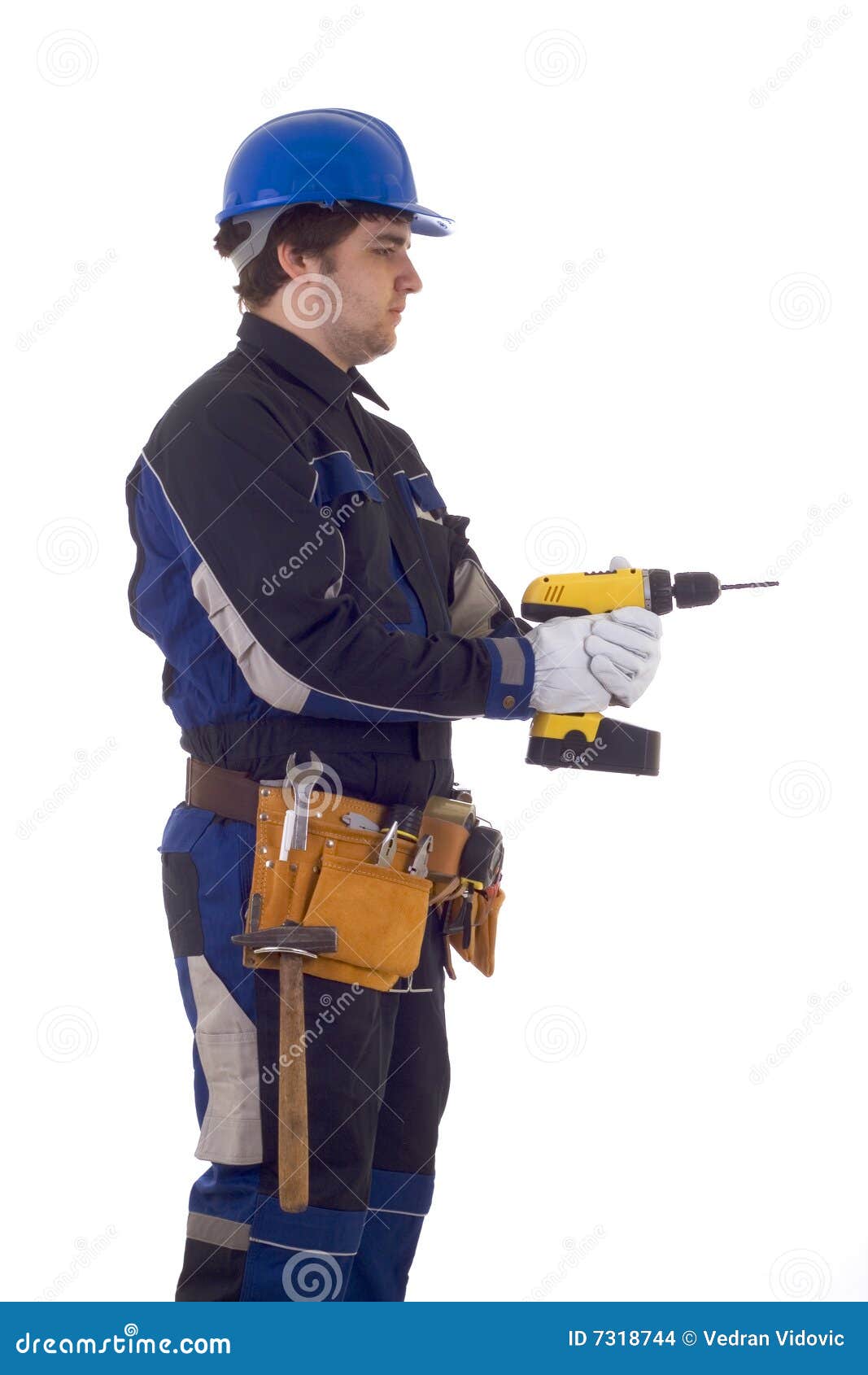 Construction Worker with Drill Stock Photo - Image of industrial, gear ...