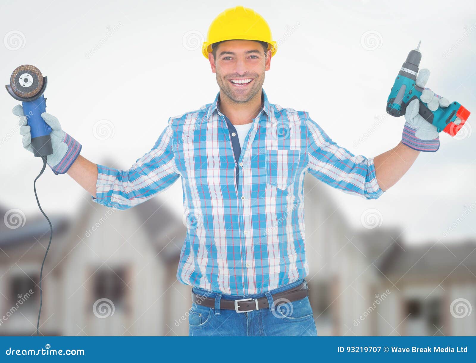 Construction Worker with Drill in Front of Construction Site Stock ...