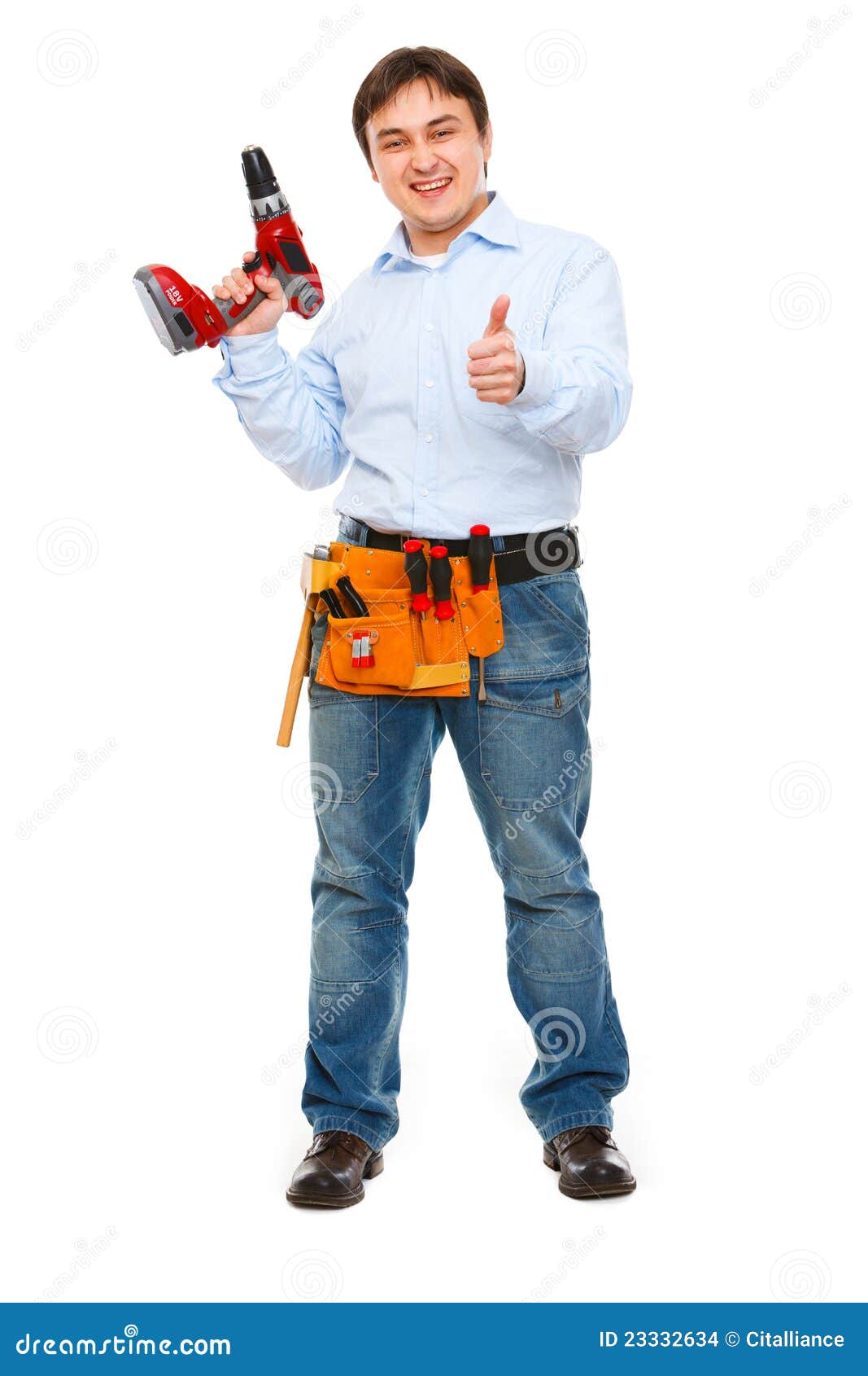 Construction Worker with Drill Showing Thumbs Up Stock Photo - Image of ...