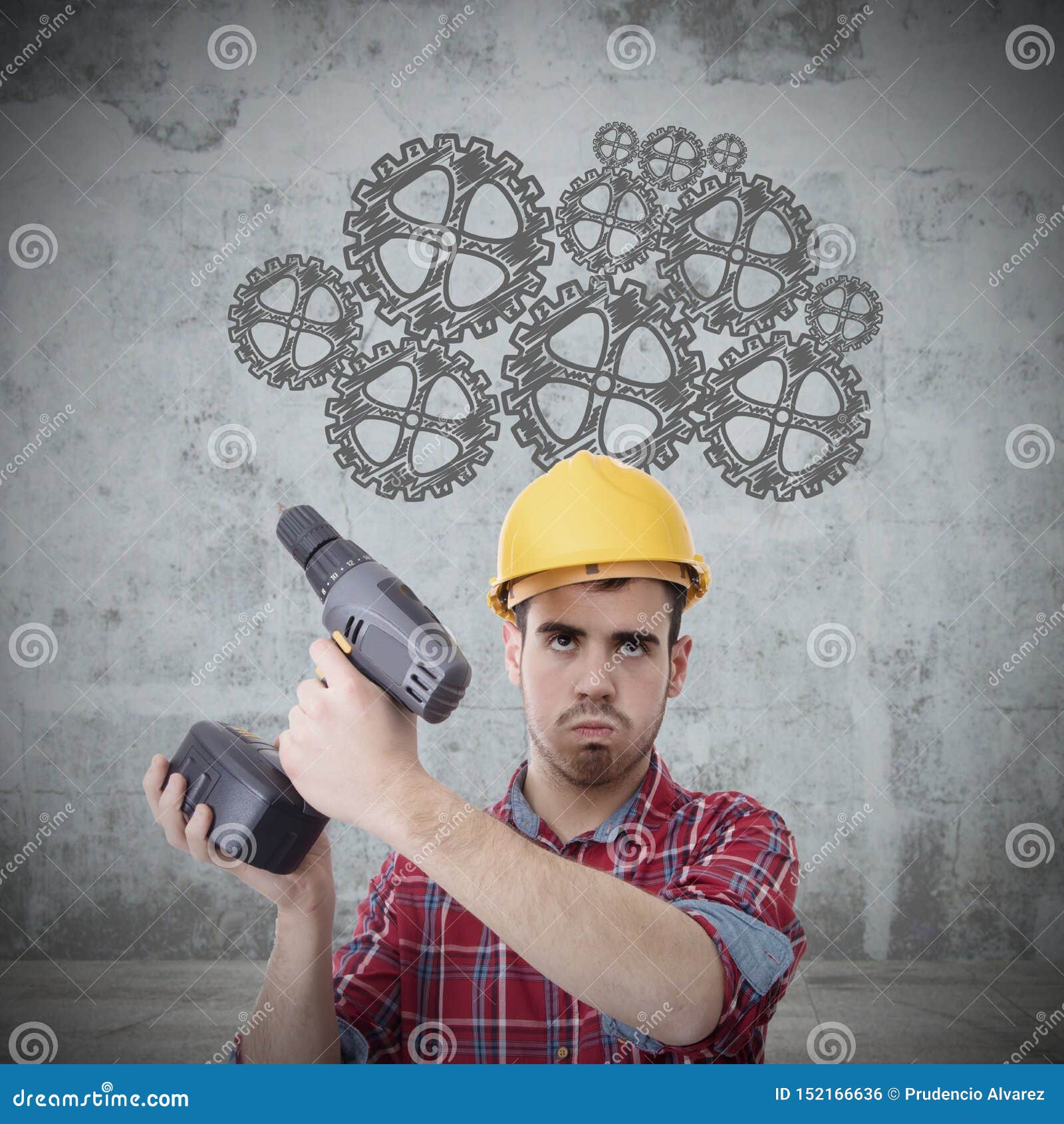 Construction Worker with Drill Thinking Stock Photo - Image of ...