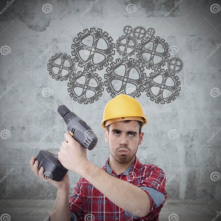 Construction Worker with Drill Thinking Stock Photo - Image of ...