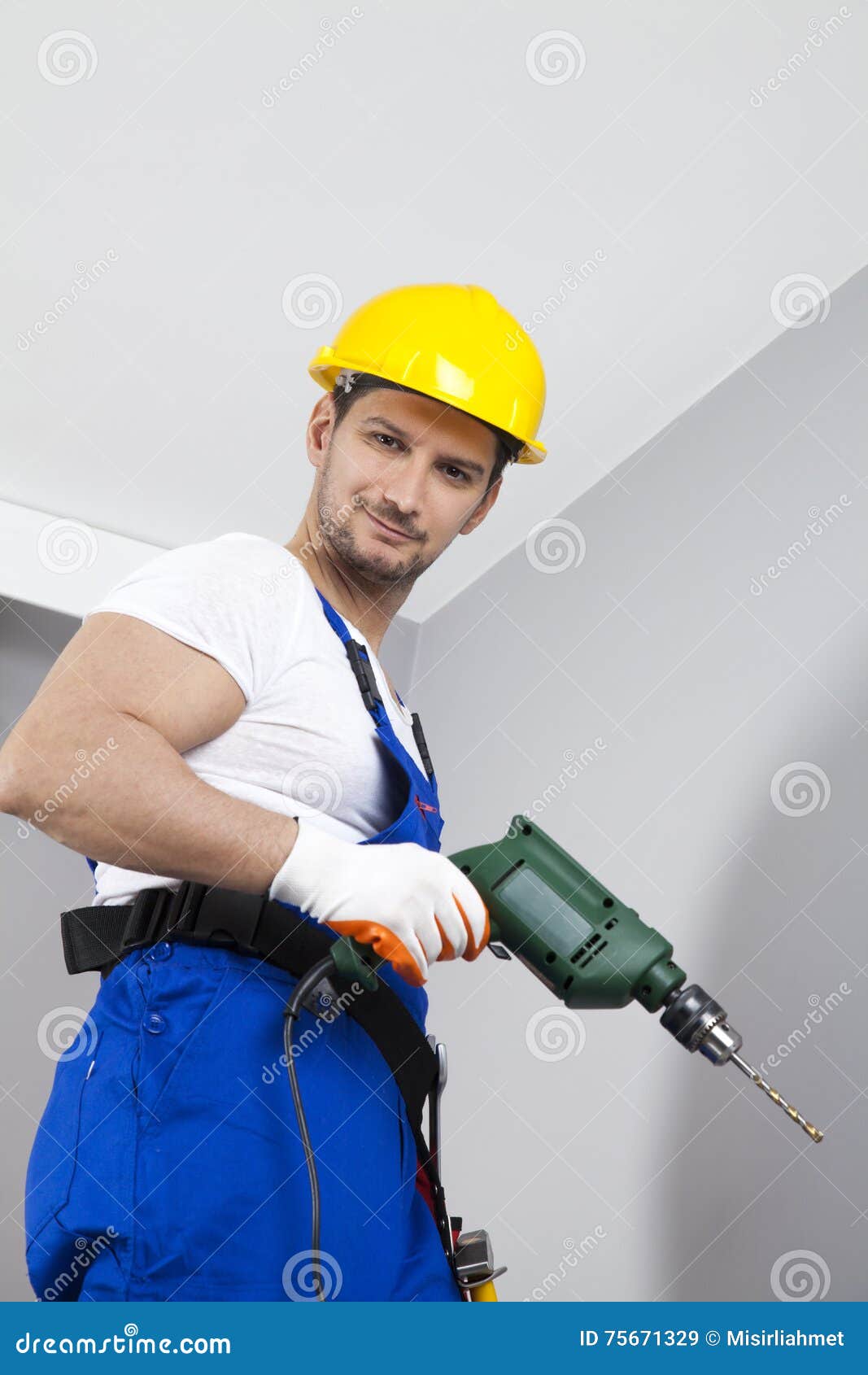 Construction Worker with Drill Stock Image - Image of repairing, belt ...