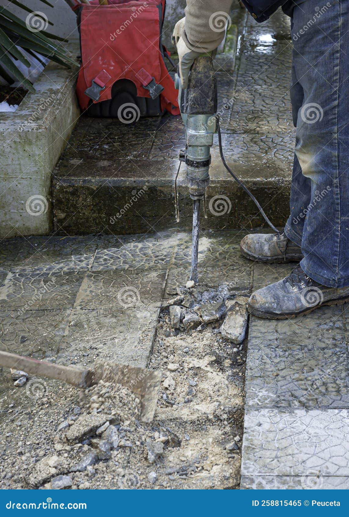 The Construction Worker is Drilling the Floor. Stock Image - Image of ...