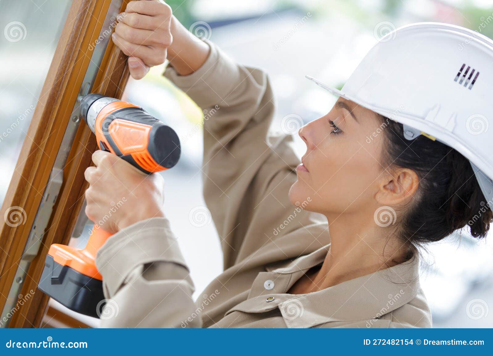 Construction Worker Drilling Window Stock Photo - Image of apartment ...