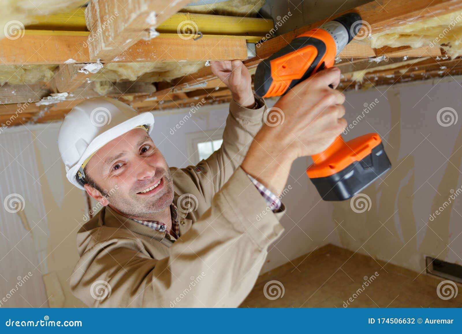 Construction Worker Drilling Wood Structure Stock Photo - Image of ...