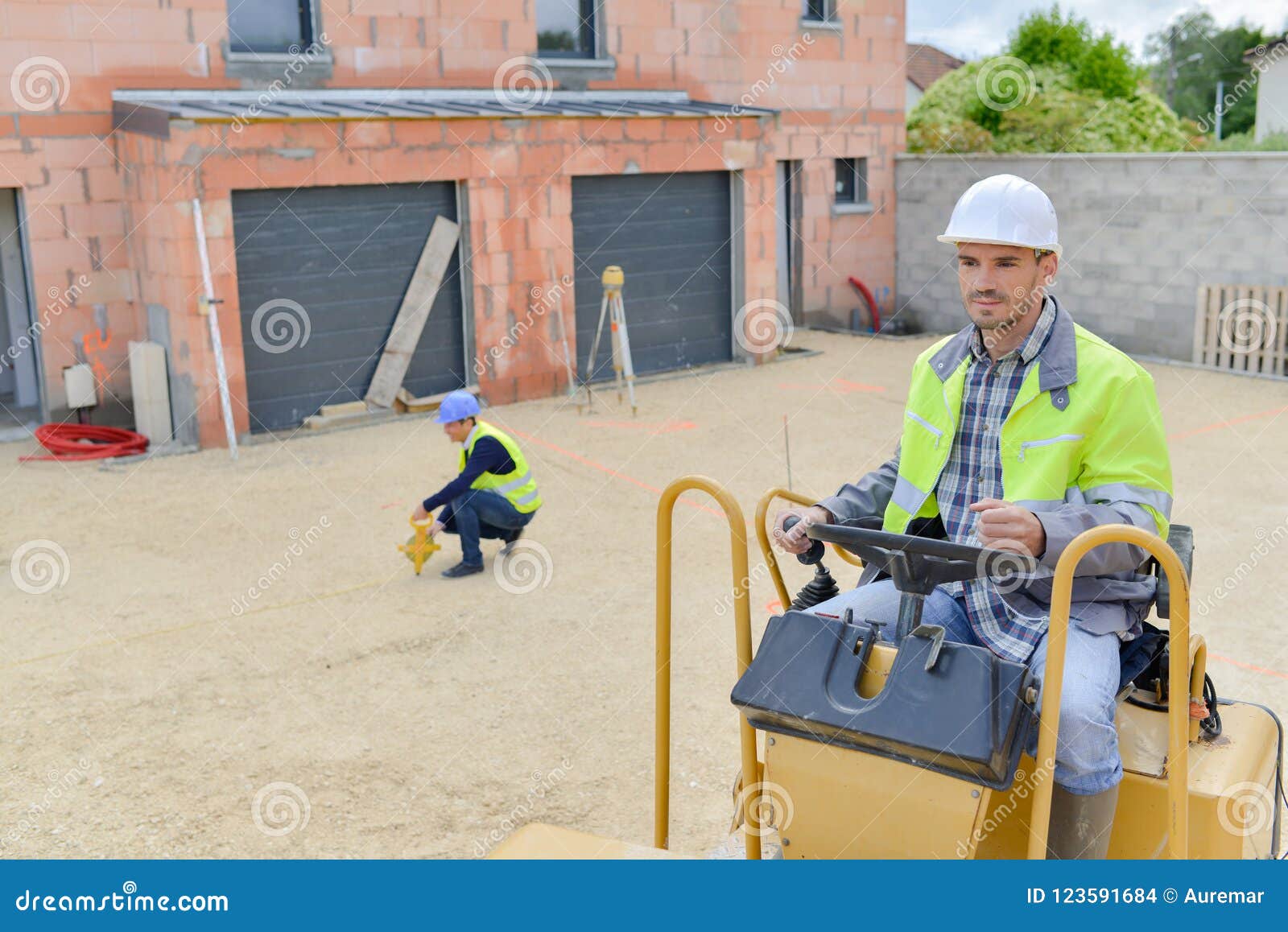 Construction Worker Driving Steamroller Stock Photo - Image of road ...