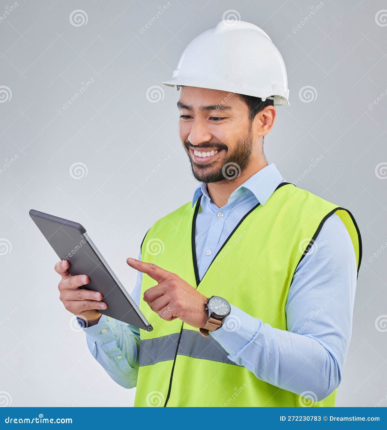 Construction Worker, Engineer and Happy Man in Studio with Tablet and ...