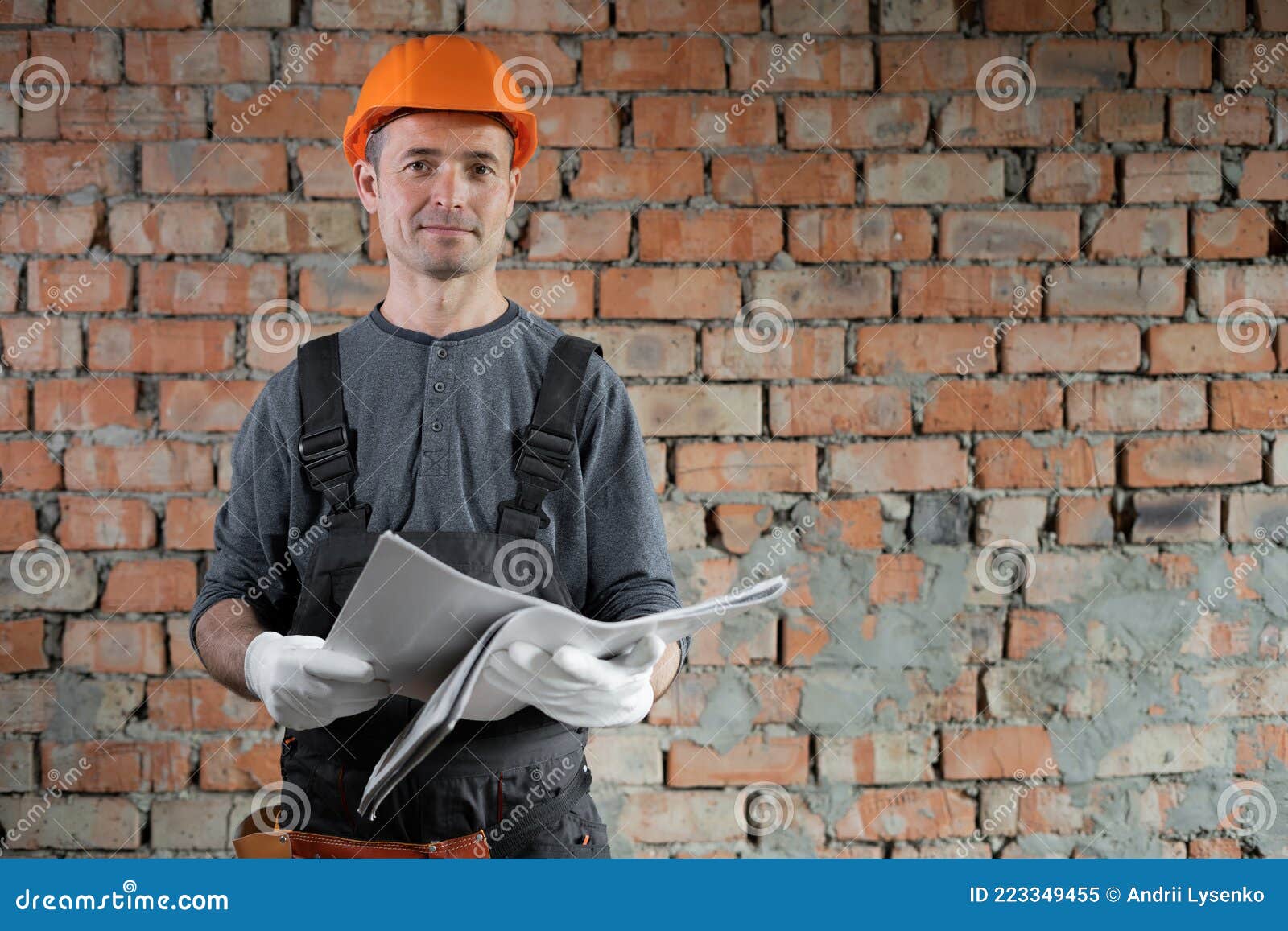 Construction Worker Engineer with Hard Hat with Red Brick House ...
