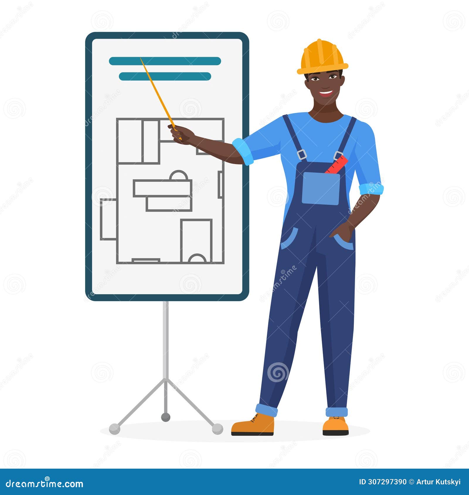 Construction Worker or Engineer in Helmet Pointing at Floor Plan Stock ...