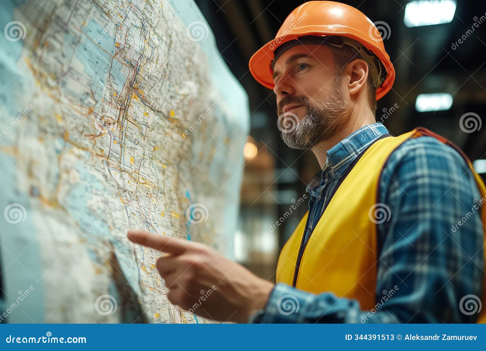 A Construction Worker Examines a Large Map while Pointing at Specific ...