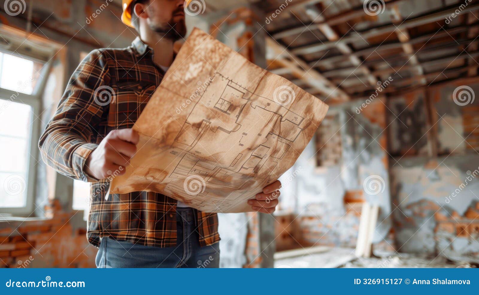 Construction Worker Examining Architectural Plans In A Partially Built ...