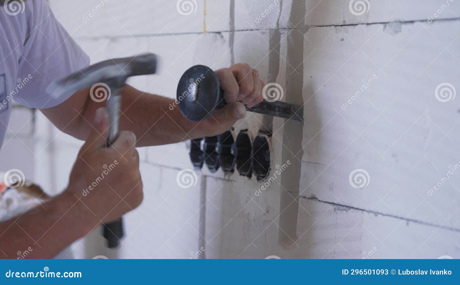 Construction Worker Expanding Electric Cable Chase Grooves with Wall ...