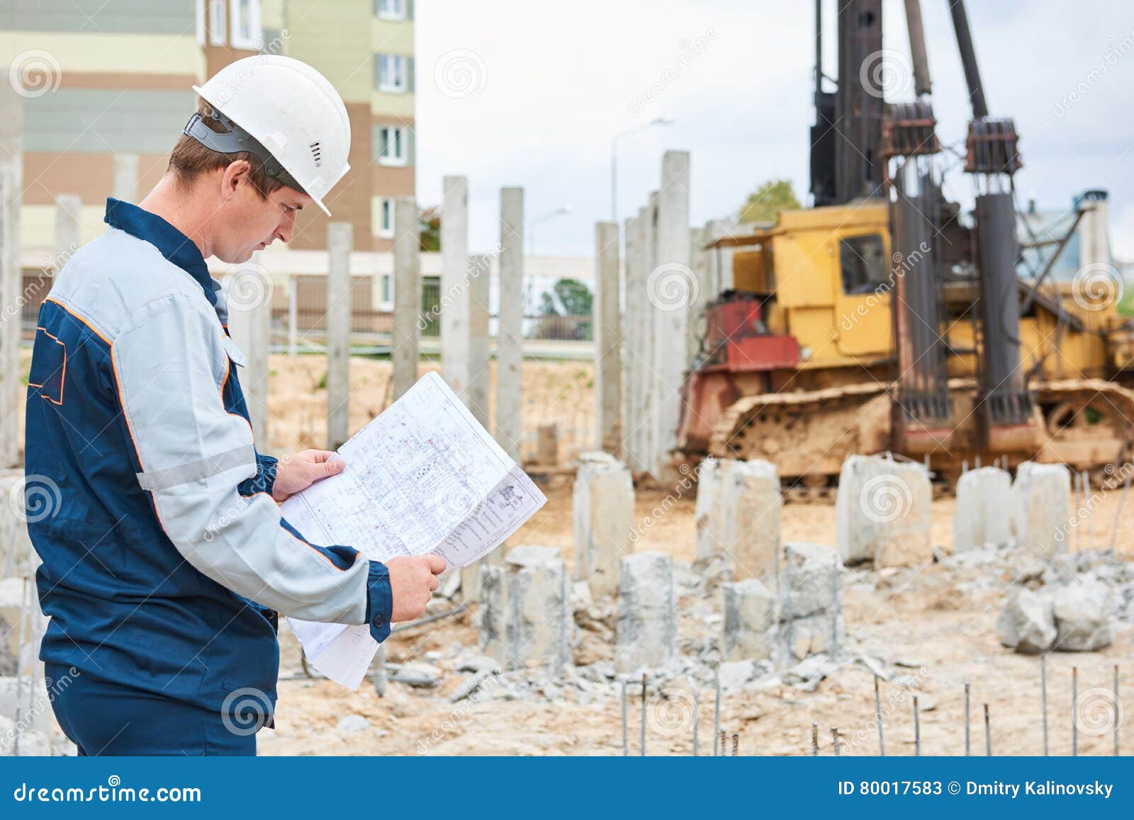 Construction Worker Foreman in Front of Pile Driver Machine Stock Image ...