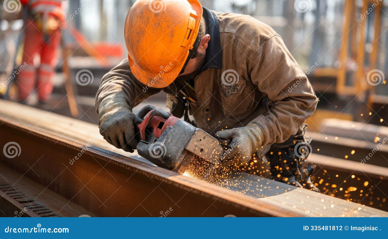 Construction Worker Grinding Metal Beam with Sparks Flying Stock ...