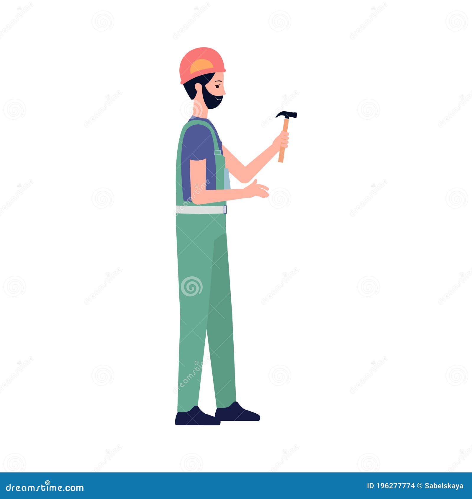 Construction Worker with Hammer in Hands Flat Vector Illustration ...