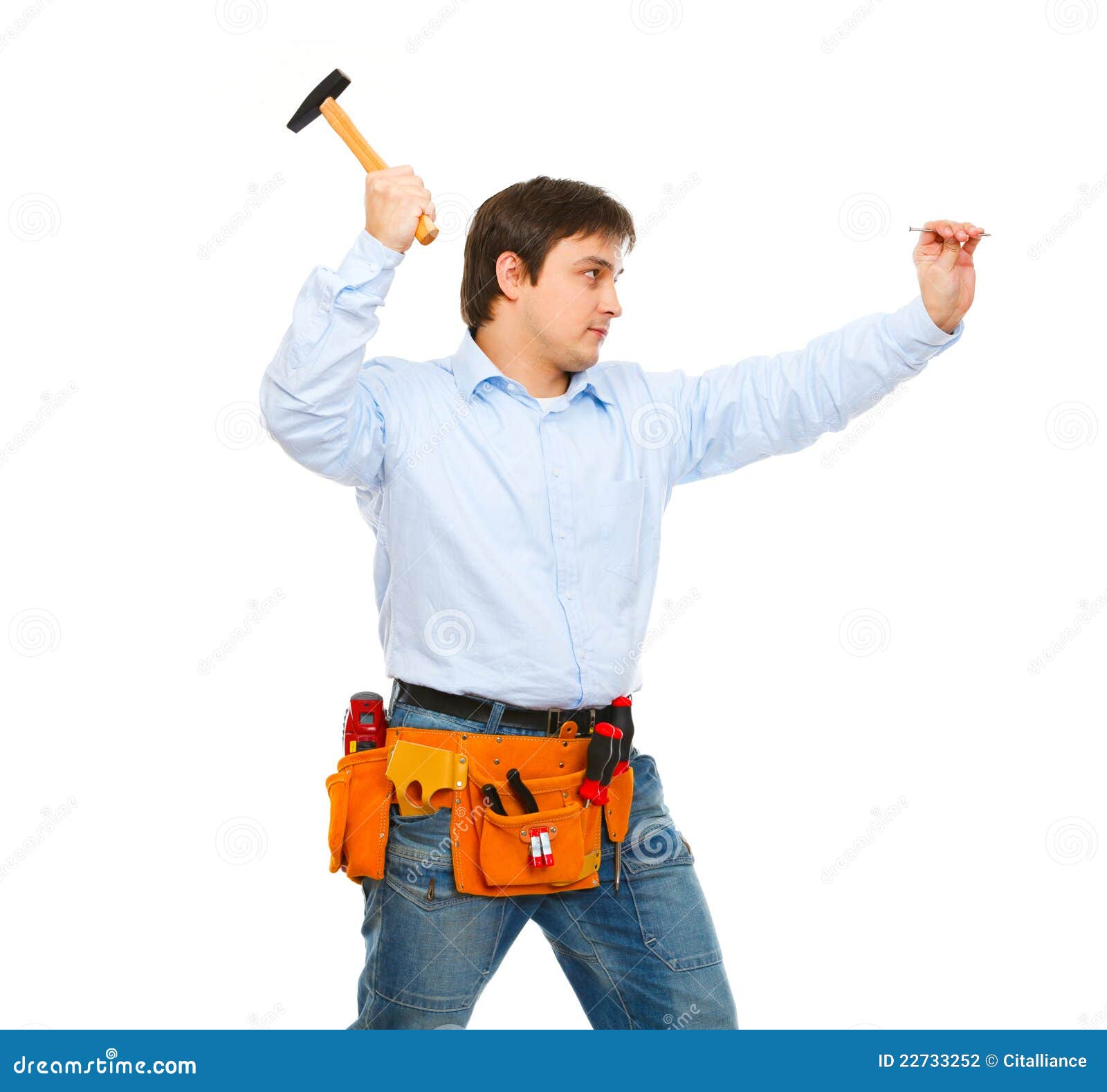 Construction Worker Hammering Nail Stock Photo - Image of device ...