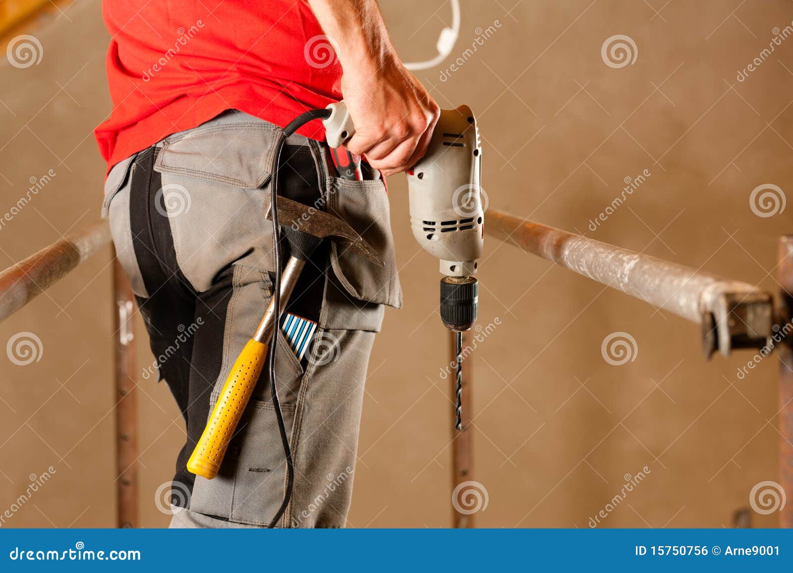 Construction Worker with Hand Drill Stock Photo - Image of inside ...