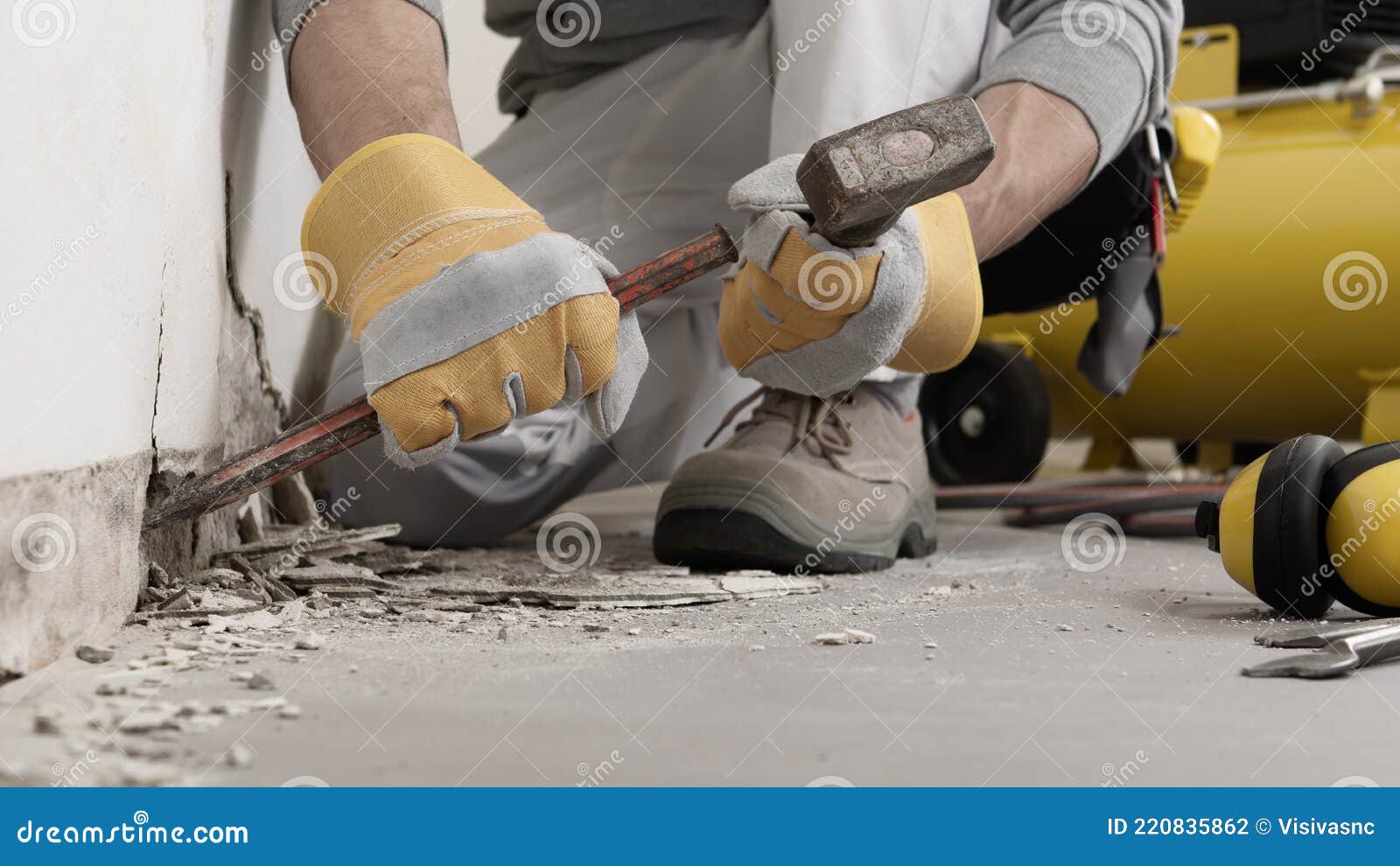 Worker With Chisel And Hammer Check Concrete Base Stock Photography ...